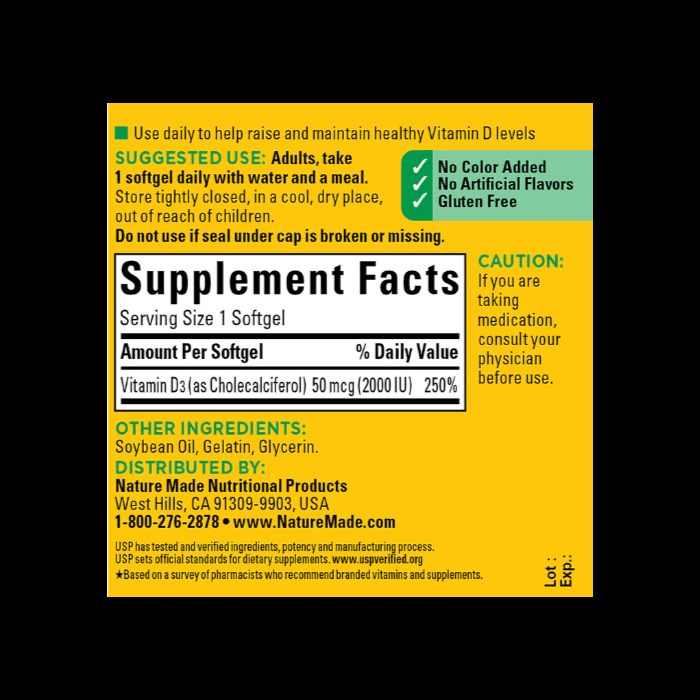 Nature Made Vitamin D3 2000 IU Softgels – 90 Count